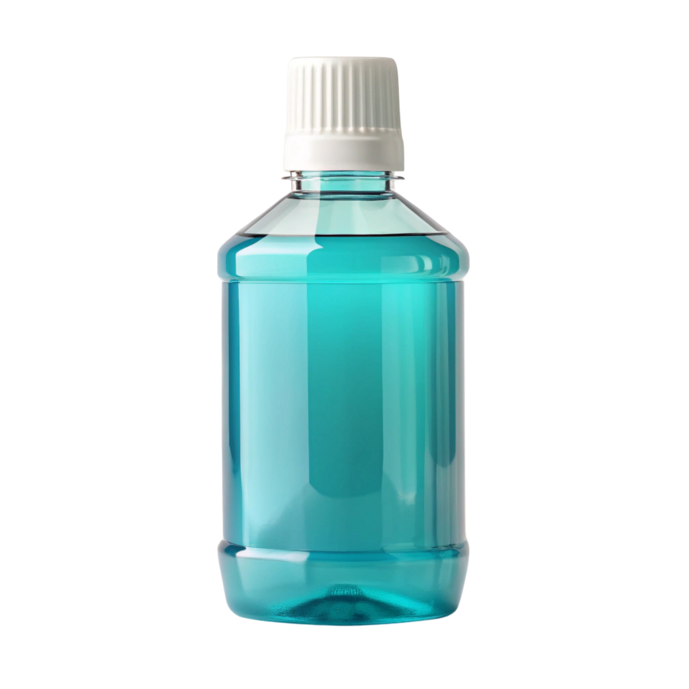 Transparent mouthwash container with blue rinse, ideal for maintaining oral health, isolated for ...