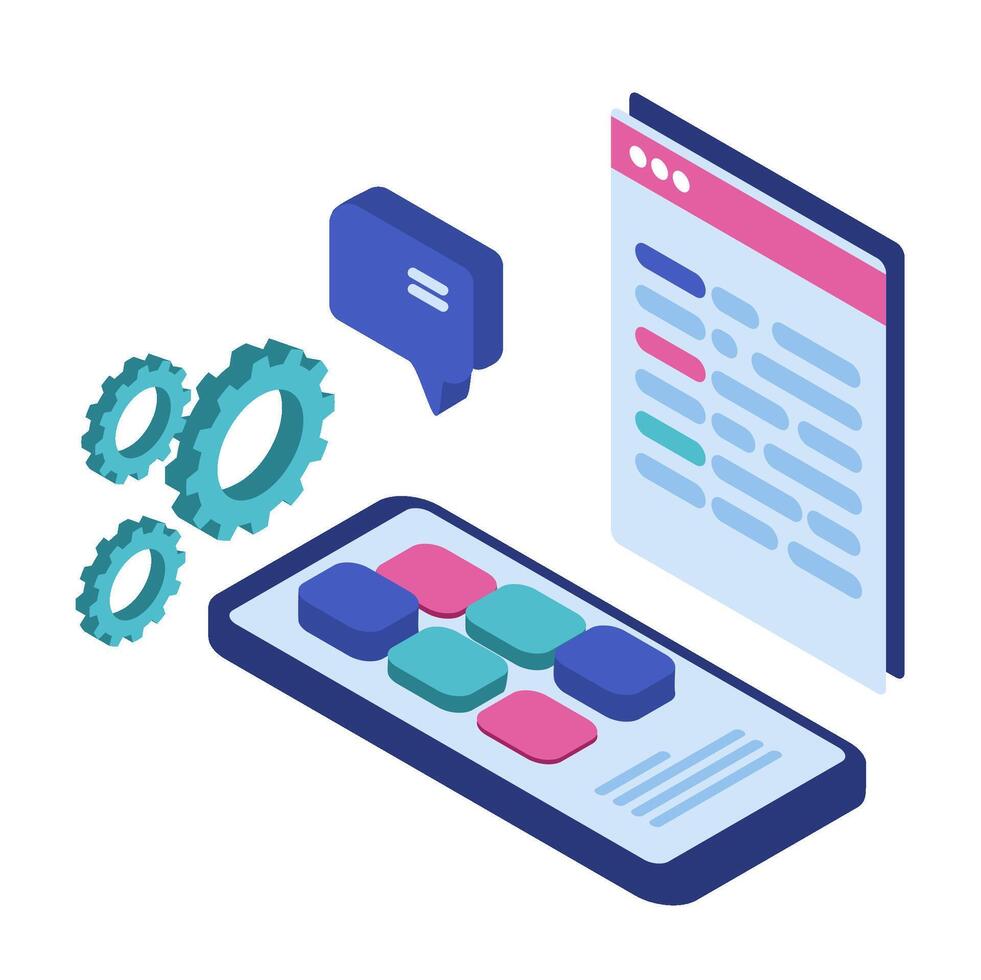 This isometric illustration appears to depict a server with code brackets, gears, a web ...