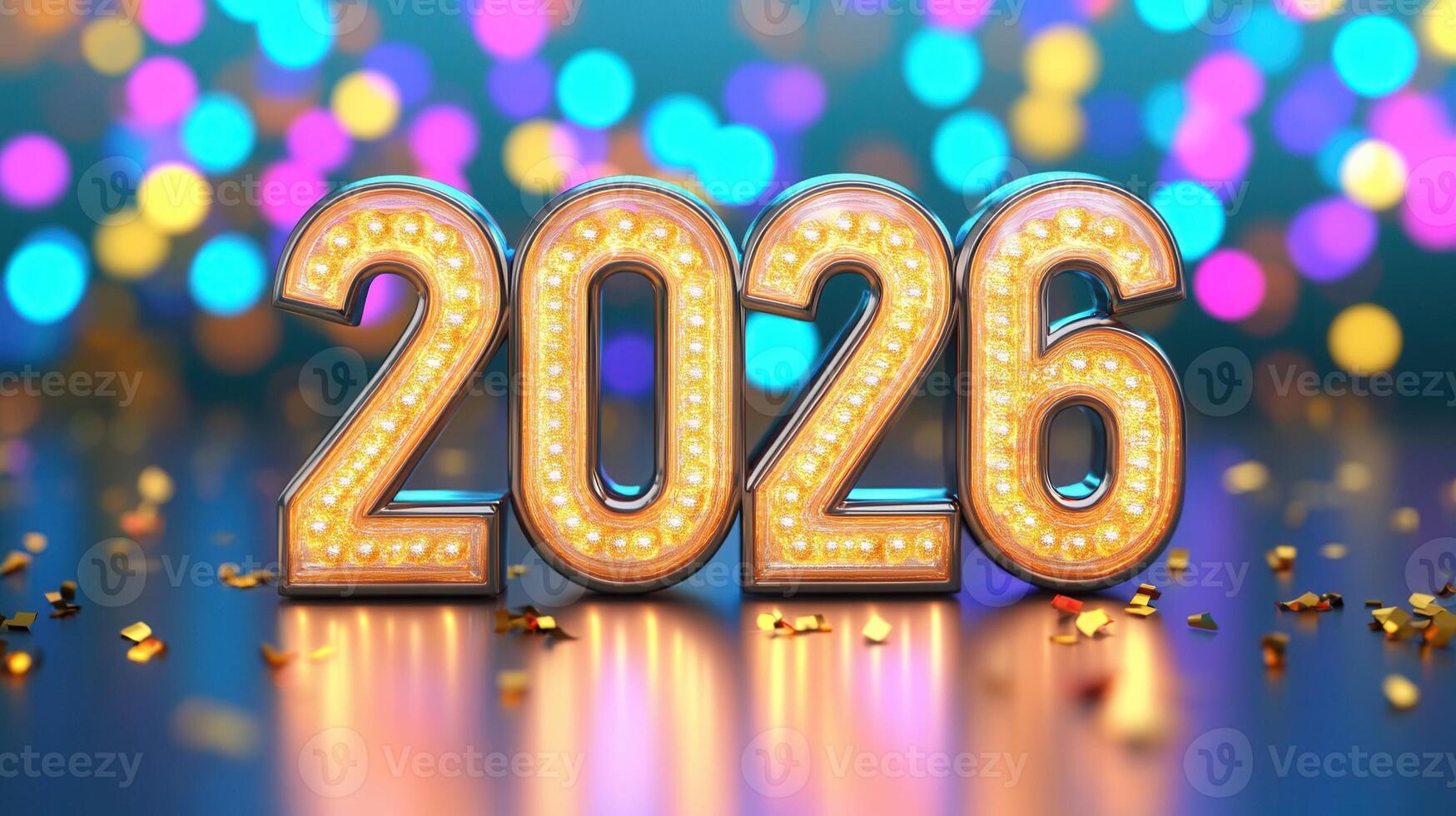 Glittering golden 2026 digits amid confetti swirling, sparkling bokeh highlighting festive ...