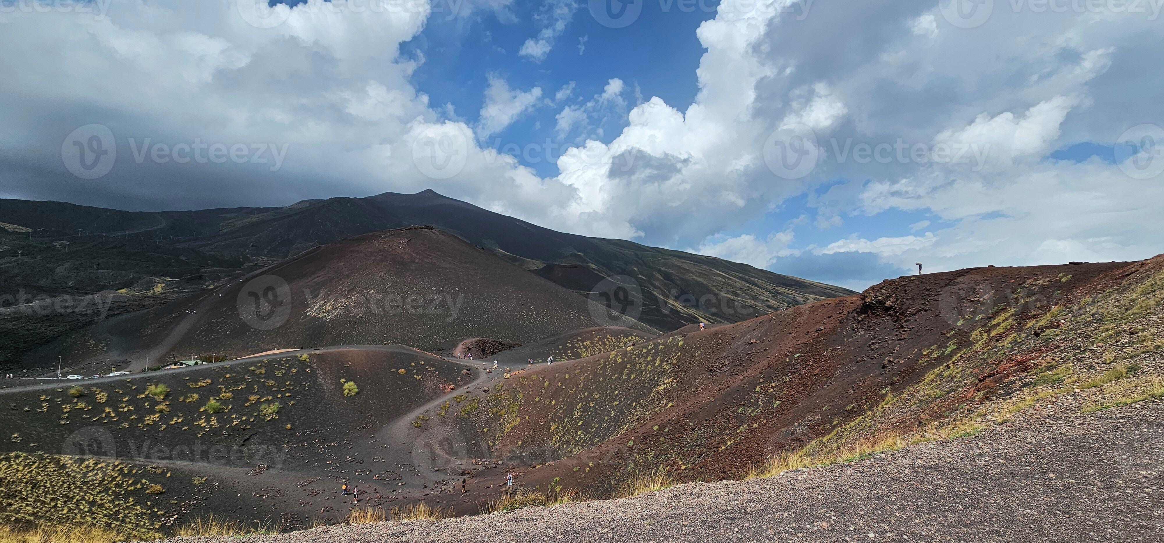 landscapes of the etna volcano, with the remains of the lava made after ...