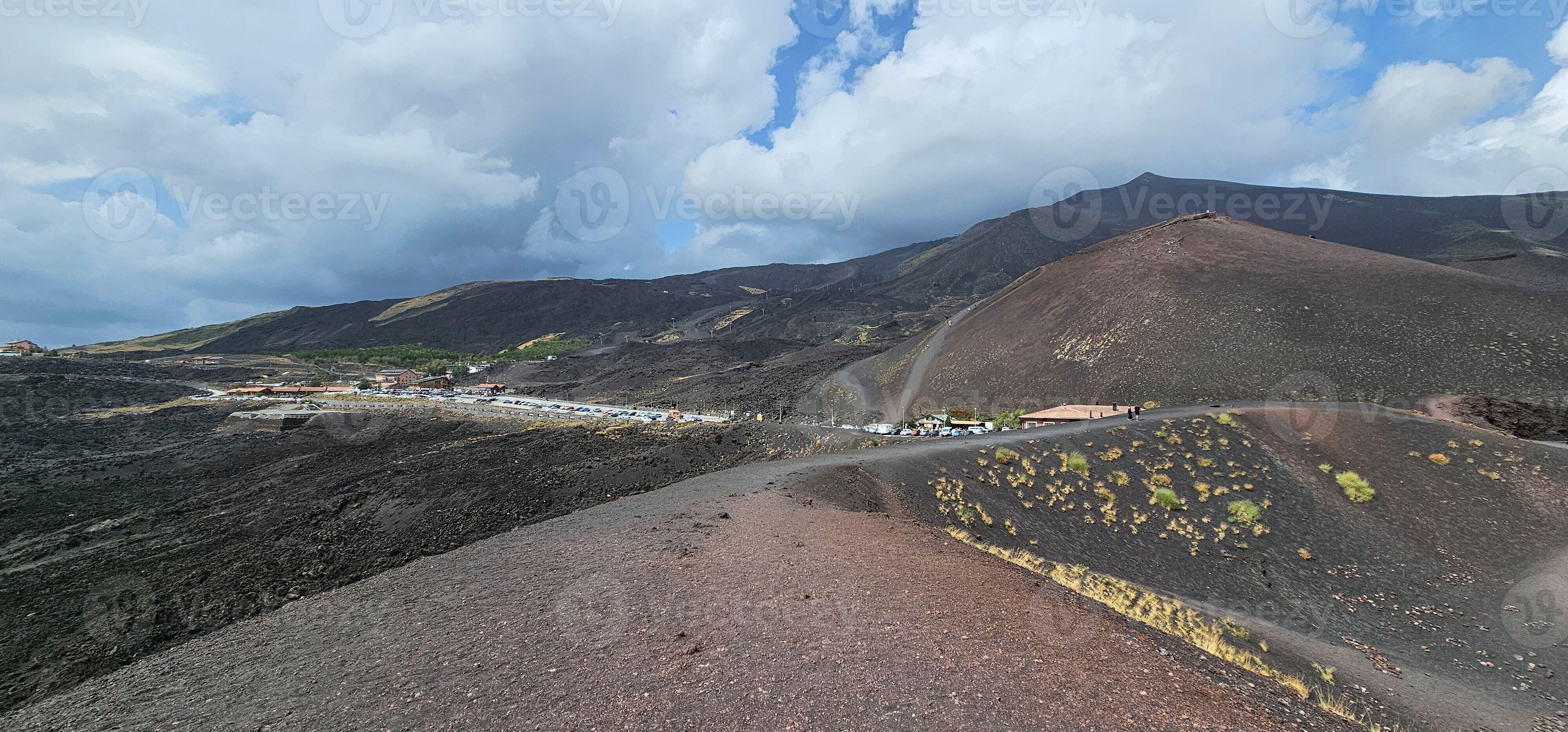 landscapes of the etna volcano, with the remains of the lava made after ...