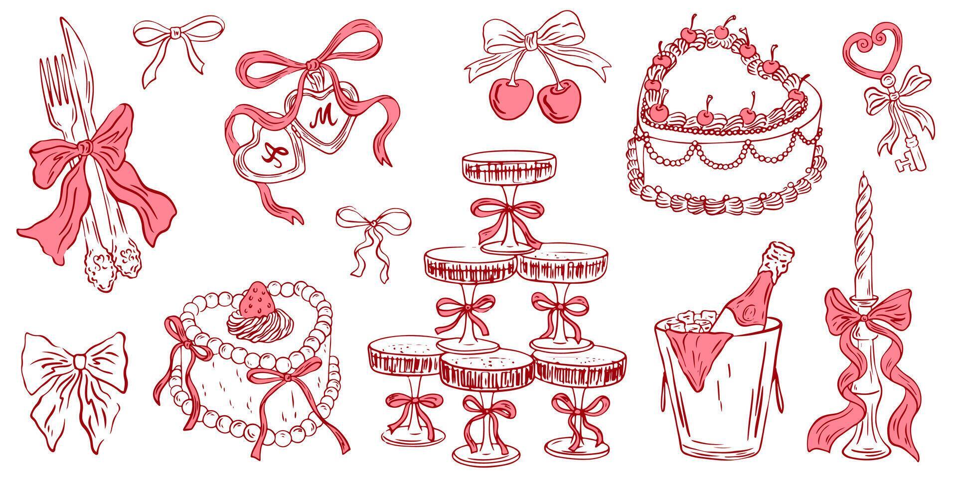 Hand drawn coquette aesthetics elements. Cute girly bows, hearts, cake, locket, champagne ...
