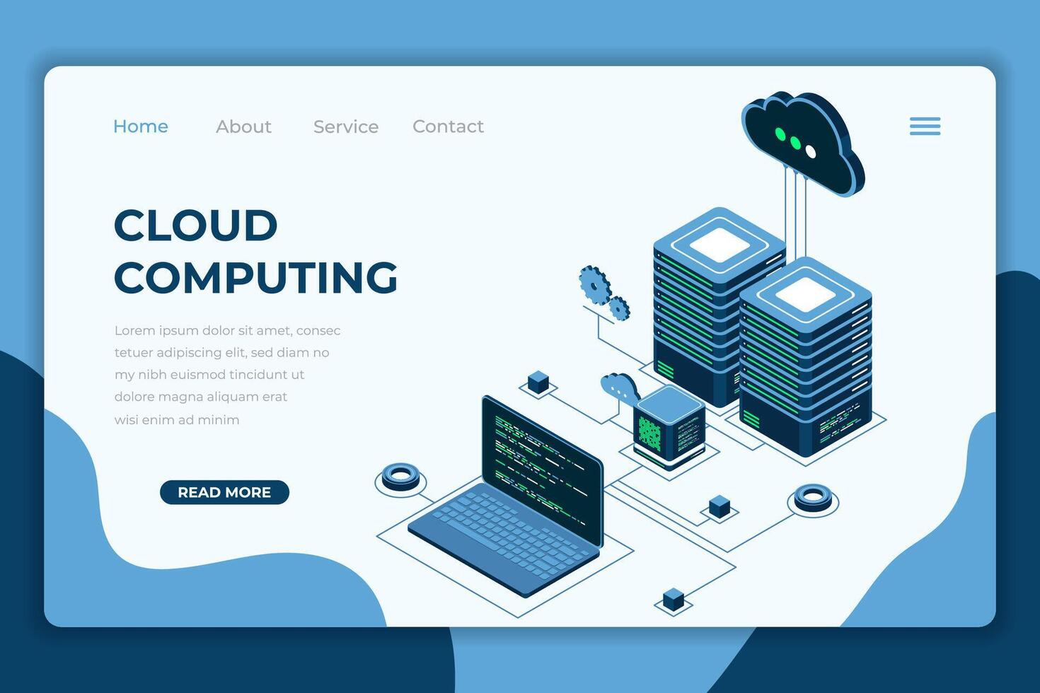 Cloud computing isometric landing page. Cloud storage server. Cloud computing online database ...