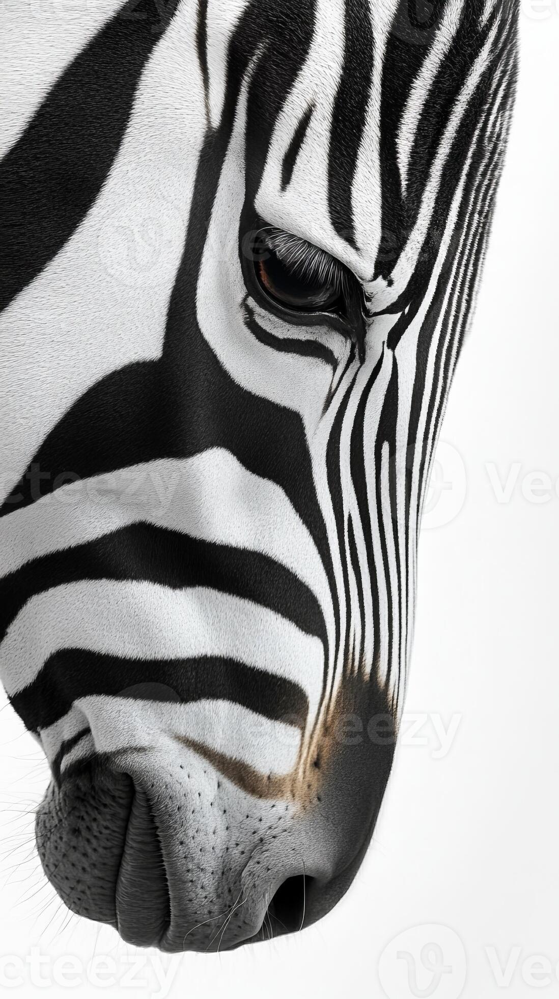 This artwork features a zebra's face, highlighting its unique black and white stripes against a ...