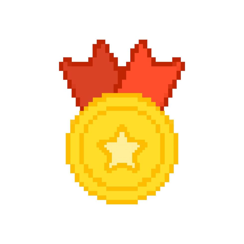 Gold Medal With Star And Red Ribbons Pixelated Icon. Pixel Art Symbol Of Award Illustrations And ...
