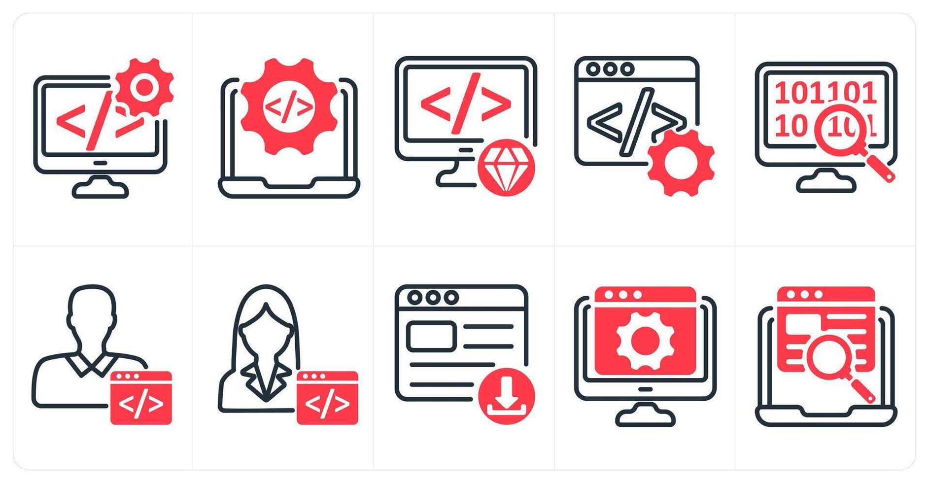 A set of 10 seo icons as software development, website development, clean code in red color ...