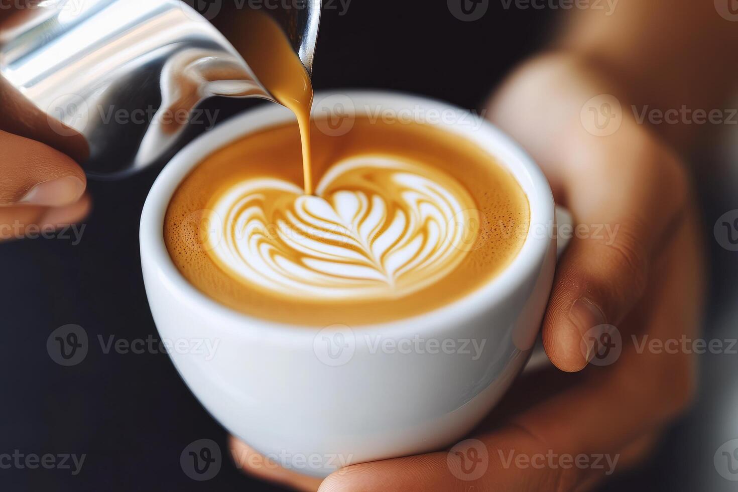 Barista is carefully pouring milk into coffee, creating beautiful latte art 60530928 Stock Photo ...