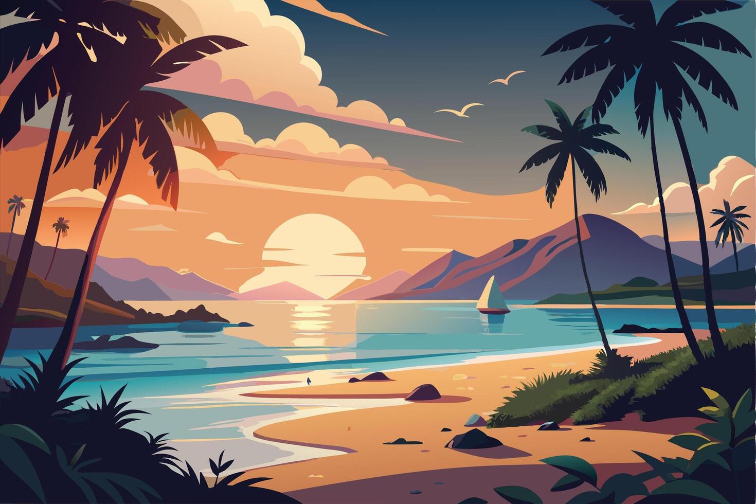 Peaceful Tropical Sunset Beach Scene 60573639 Vector Art at Vecteezy