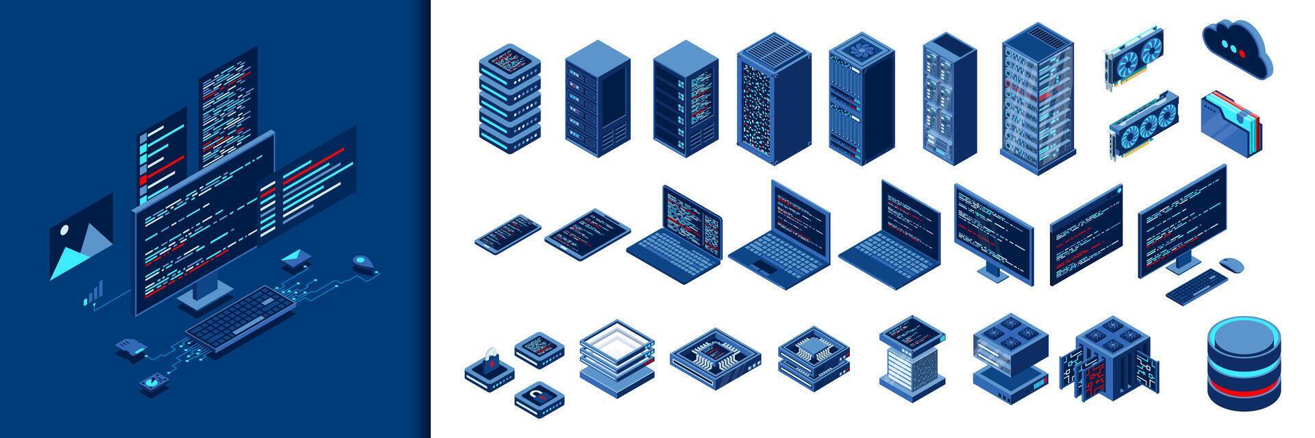 Set of isometric computer technology. Isometric set server equipment ...