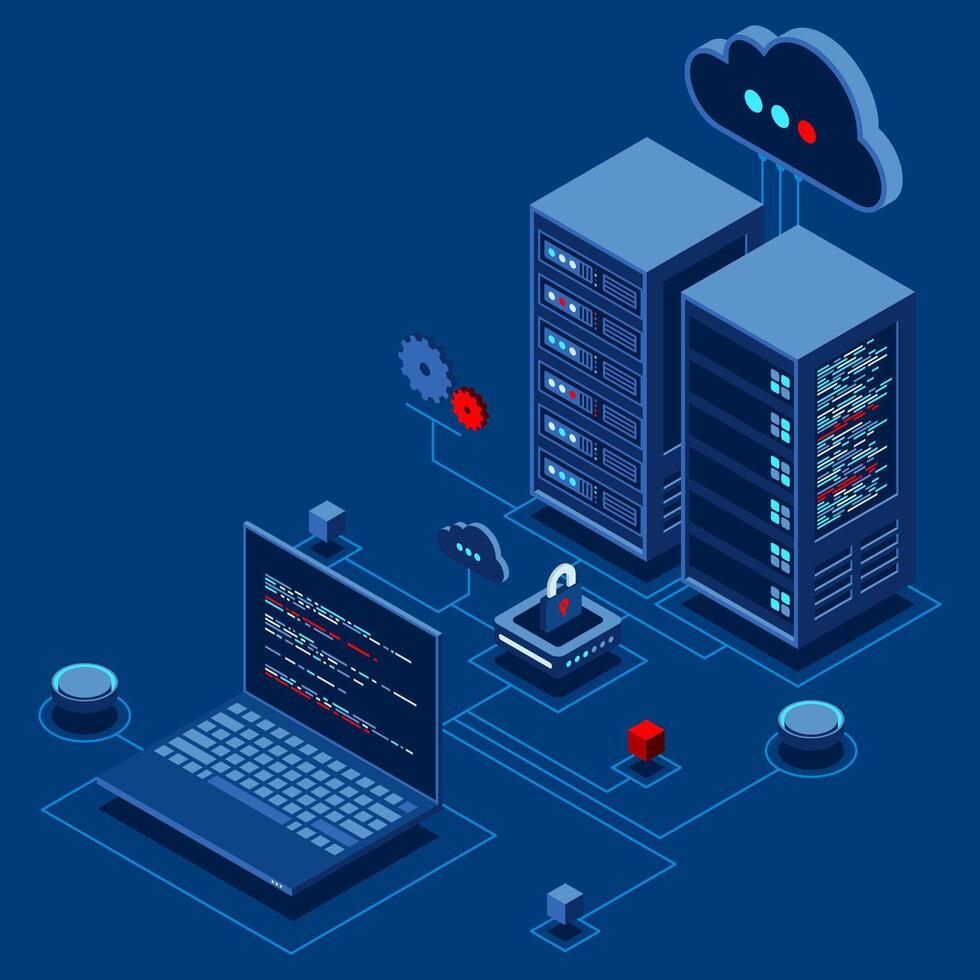Cyber data security. Internet security isometric concept. Server room connected with laptop ...