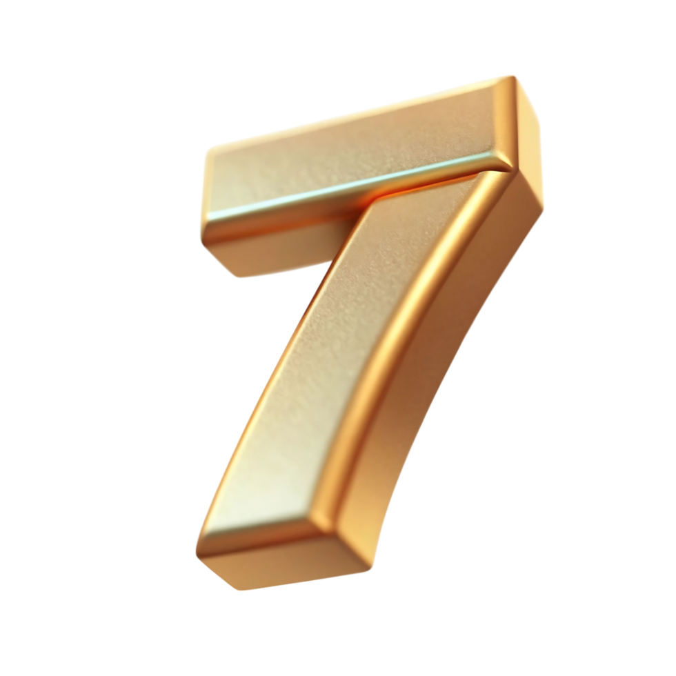 Three dimensional gold number seven on transparent background shiny metallic digit seven 3D ...