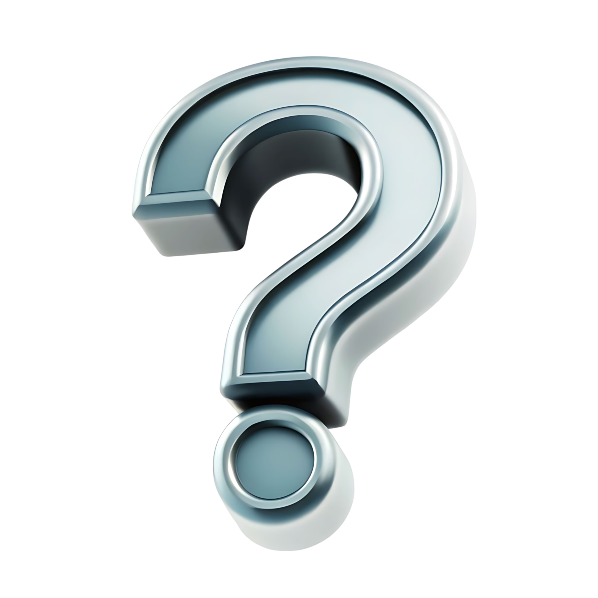 Metallic 3D question mark symbol on transparent background inquiry uncertainty unknown riddle ...