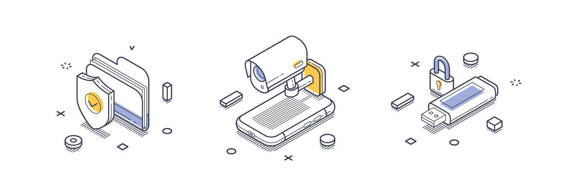 Isometric Line Icons Representing Various Aspects Of Data Protection In