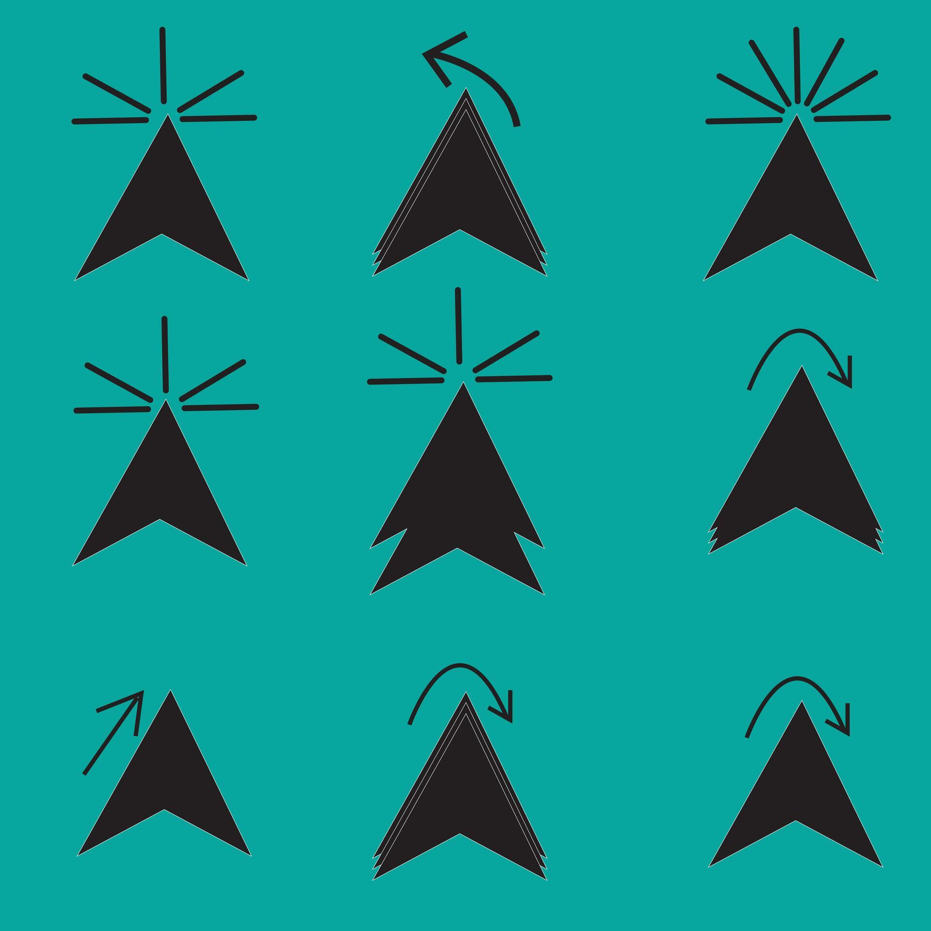 Computer mouse cursor icon set with arrows, hand pointers, click effects, and loading symbols ...