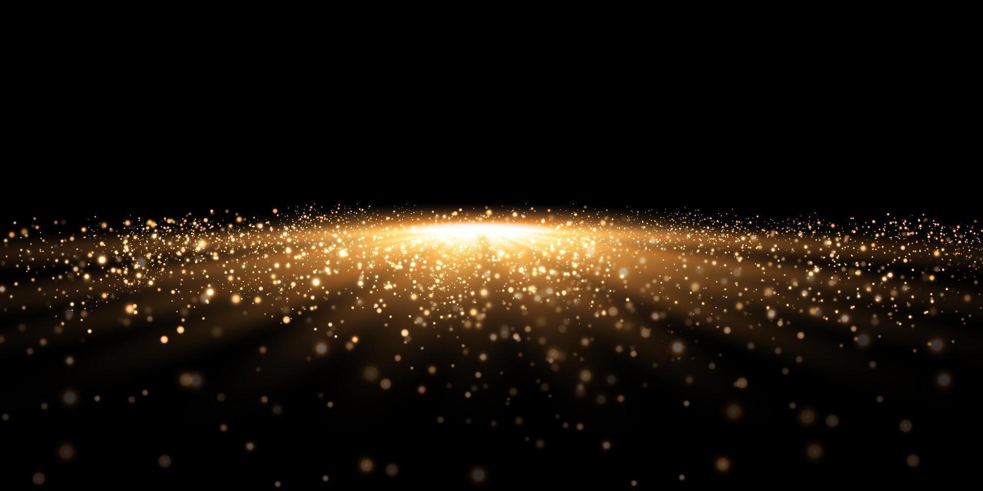 Golden particles and radiant light rays against a deep black background create a stunning visual ...