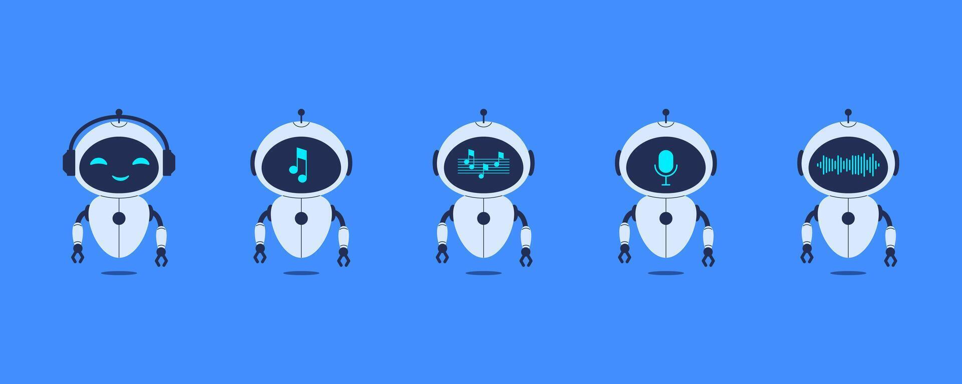 Set of cute robots related to music, audio recording and speech ...