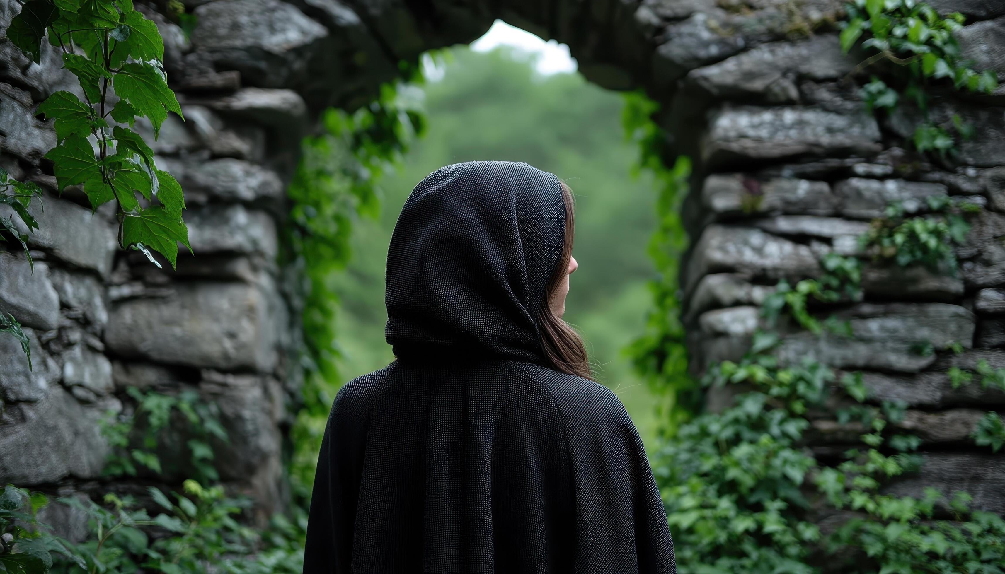 Mysterious figure in cloak exploring ancient stone archway enchanted forest photography natural ...