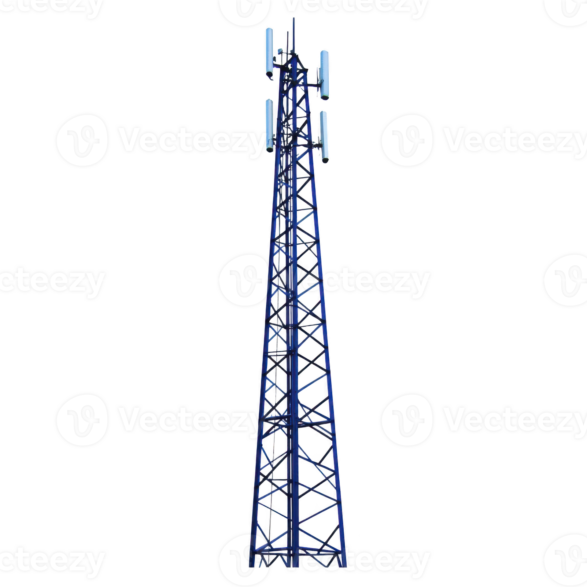 tall blue telecommunications tower stands against clear background, featuring multiple antennas ...