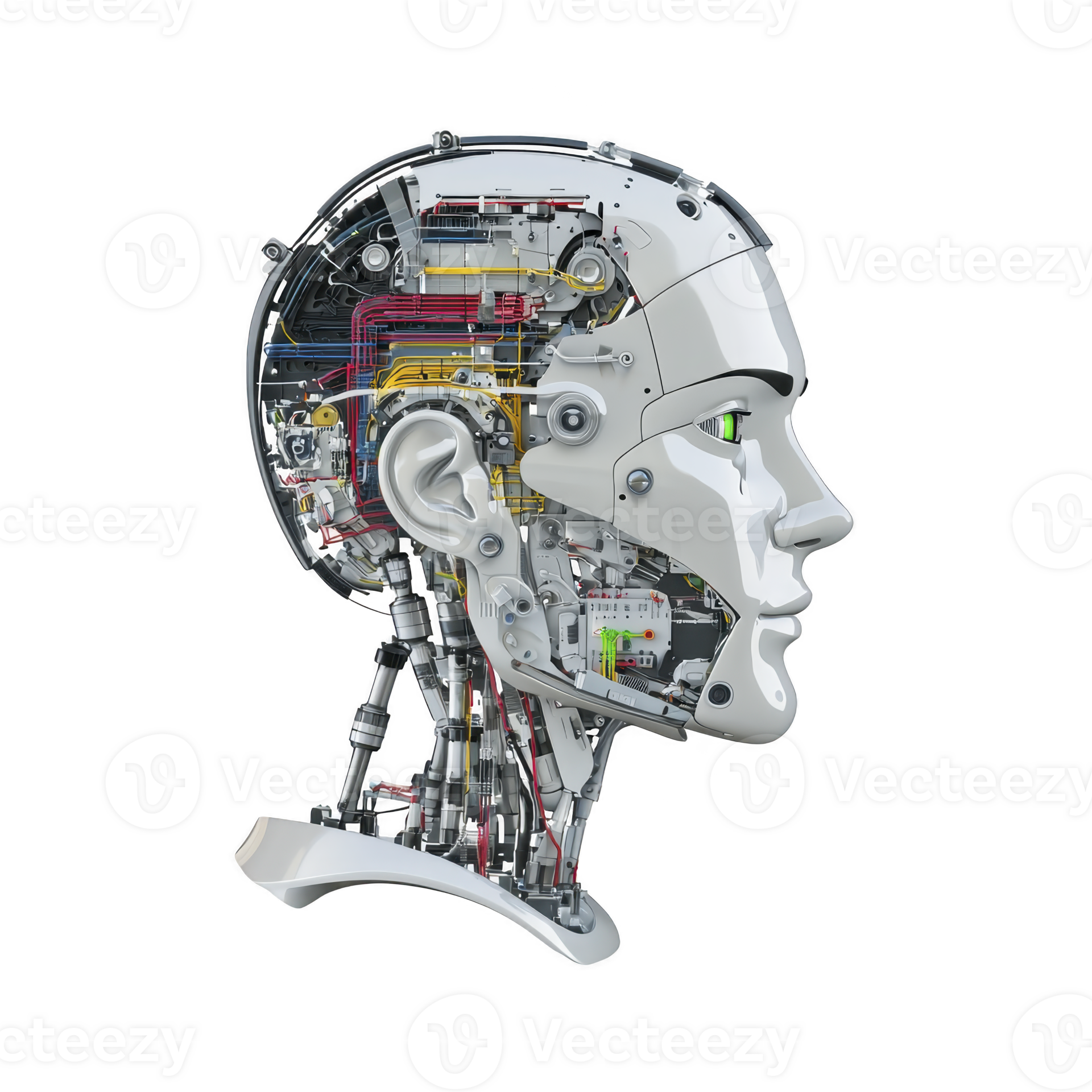 detailed side view of humanoid robot head reveals intricate internal mechanisms, showcasing ...