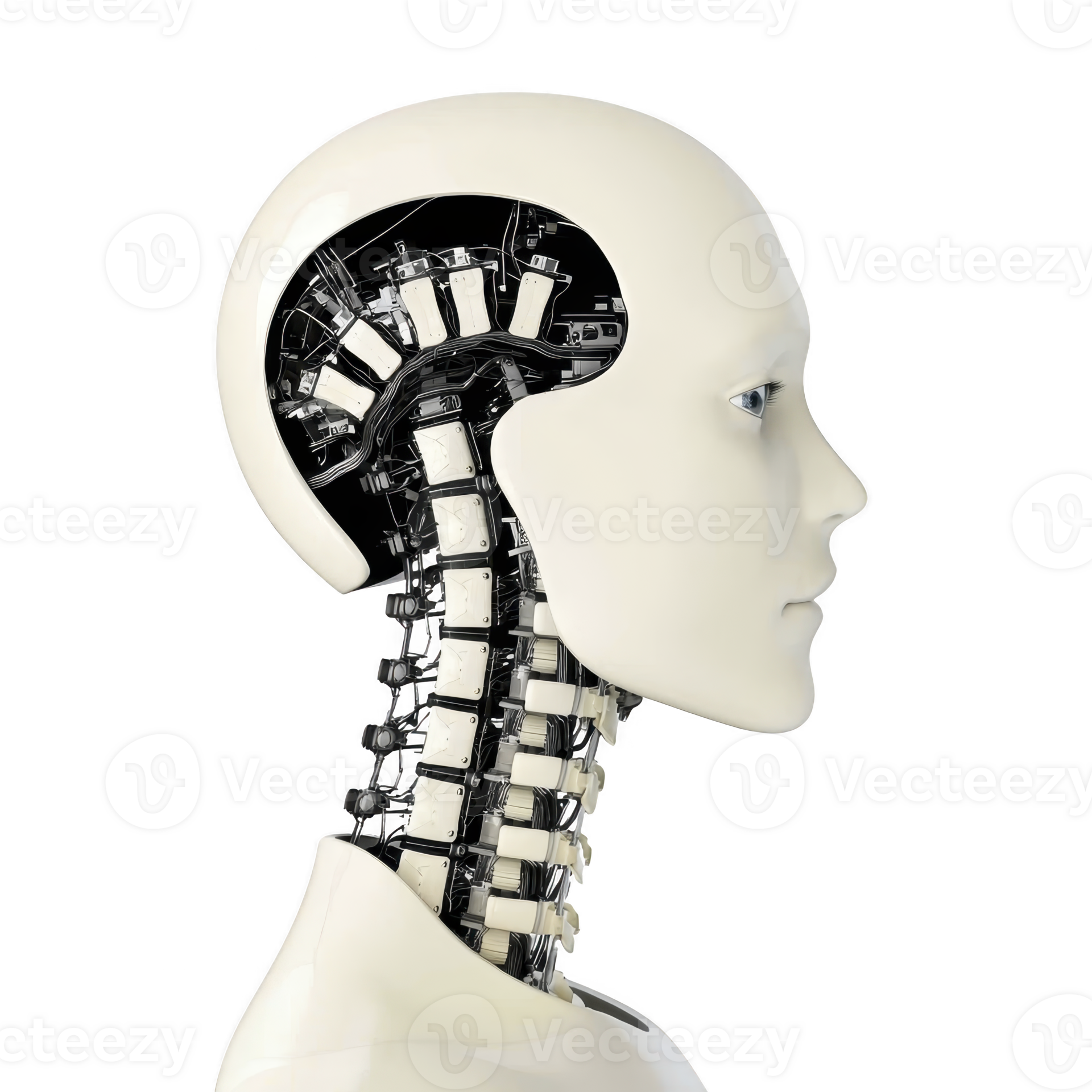 humanoid robot with sleek design and visible internal mechanisms is shown in profile view ...