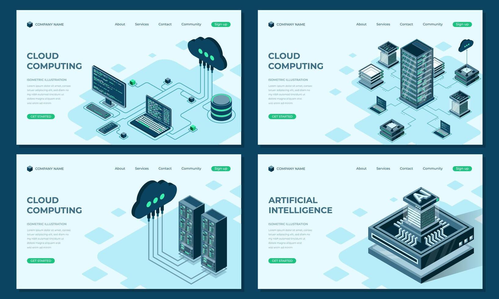 Set of isometric landing page template. Modern technology concept for cloud computing and ...