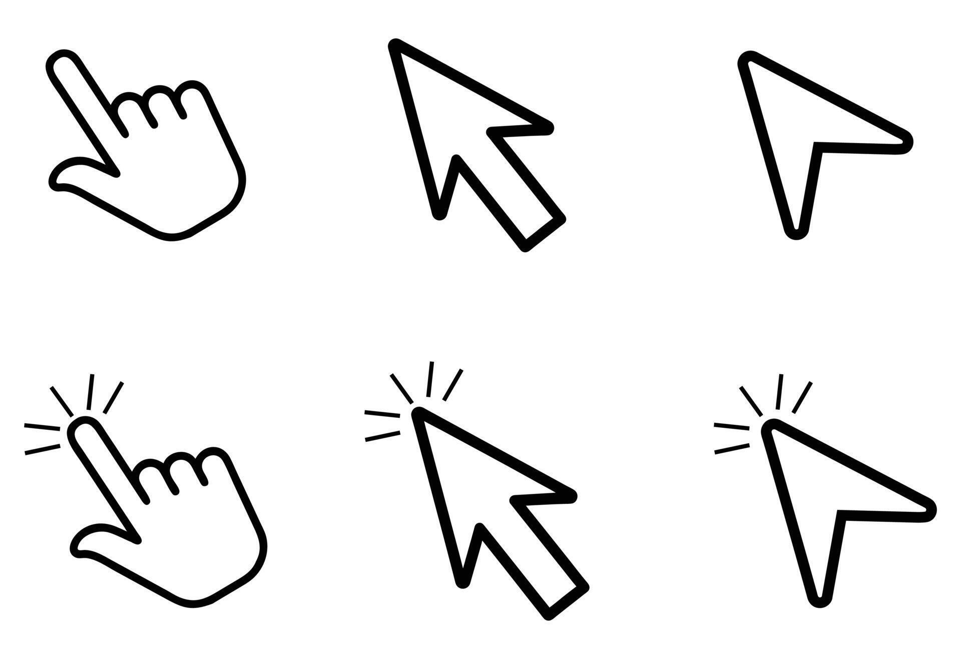 Set of Line Art Cursor and Pointer Icons, Hand Click and Arrow Icons ...