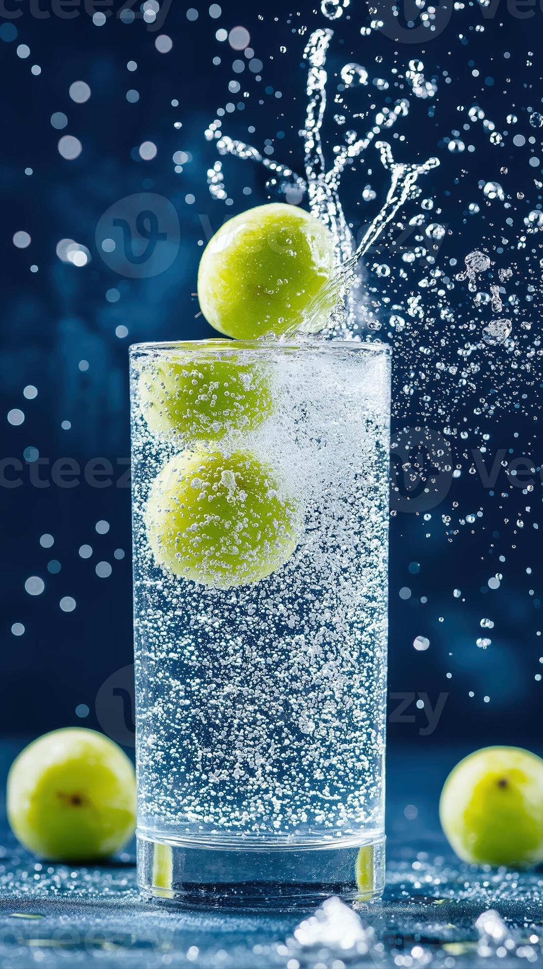 Refreshing Sparkling Water with Floating Citrus Fruits in a Clear Glass Against a Dark ...