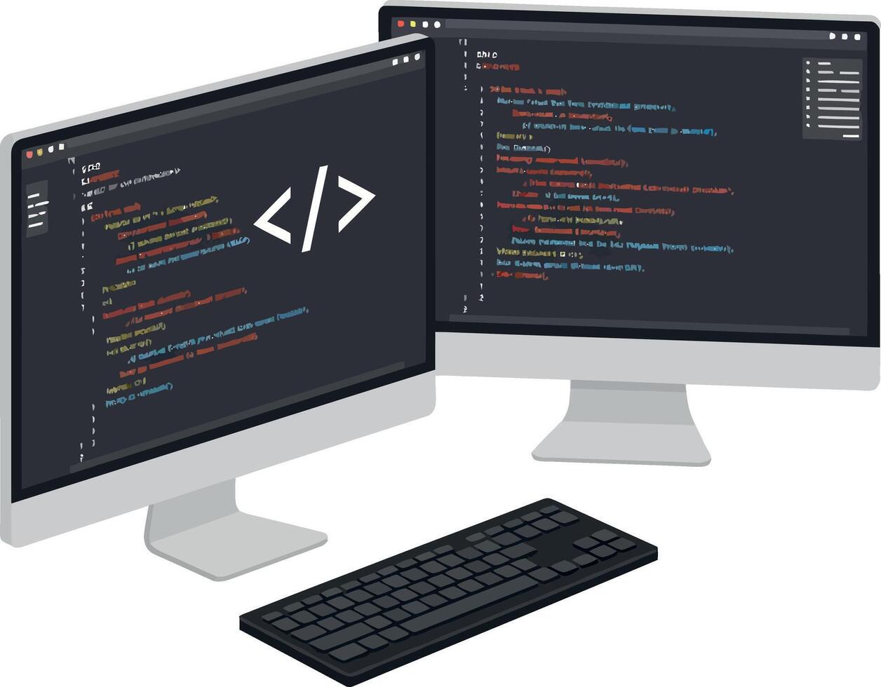 Dual computer monitors displaying colorful programming code with black keyboard flat design ...