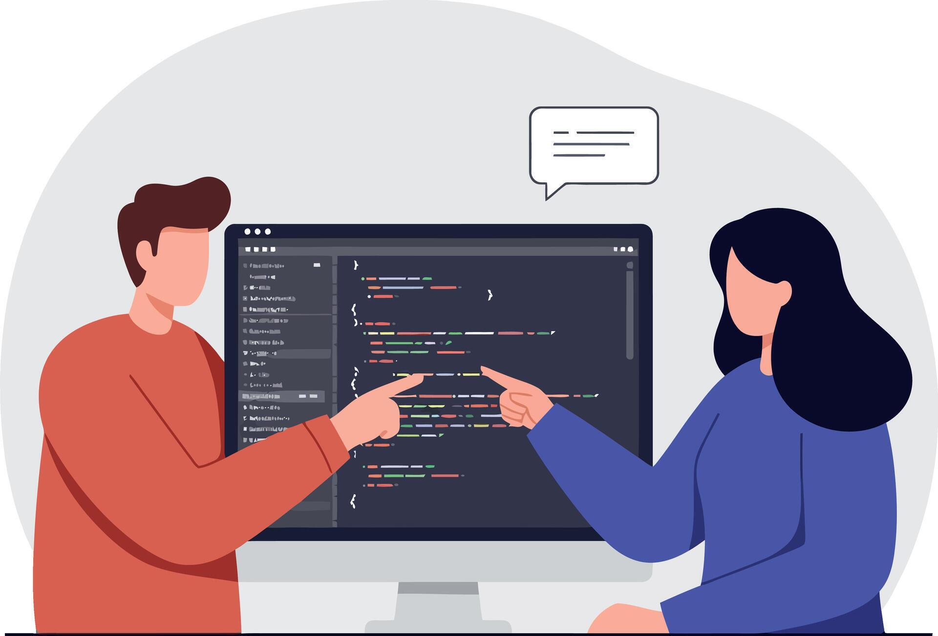 Two programmers discussing code on desktop computer screen flat style illustration 60708390 ...