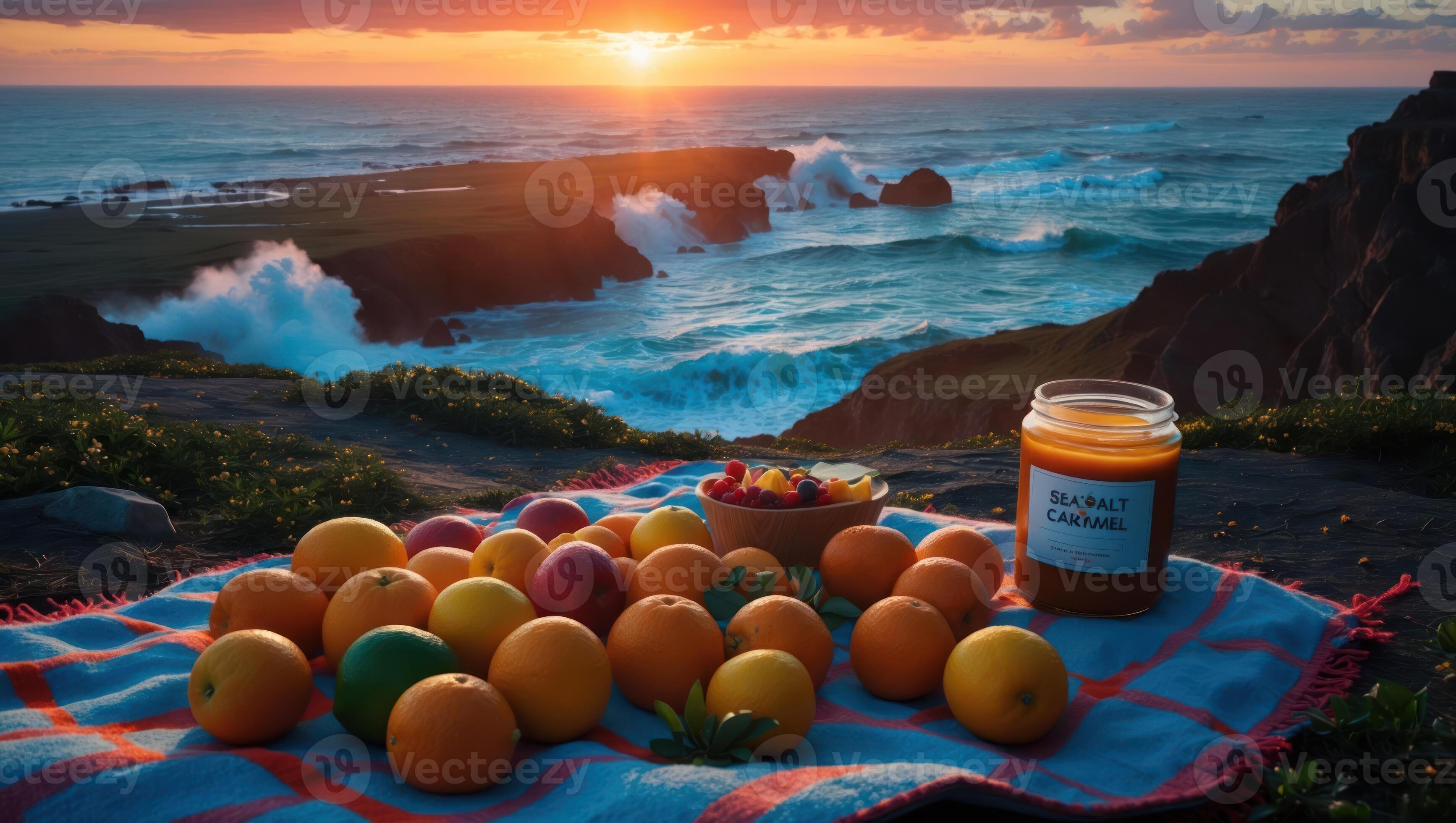 Coastal Picnic with Fruit and Caramel at Sunset by the Ocean 60719018 Stock Photo at Vecteezy