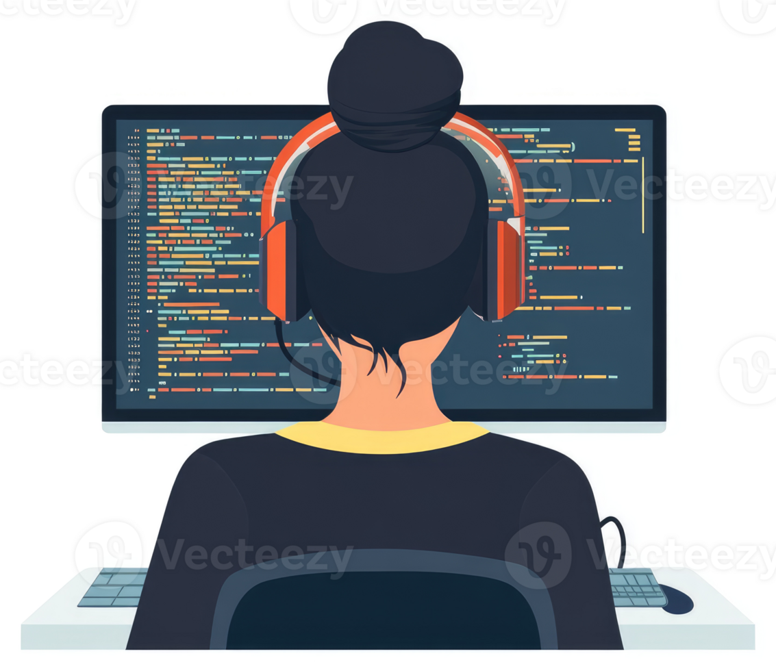 A female programmer concentrating on lines of code displayed on a ...