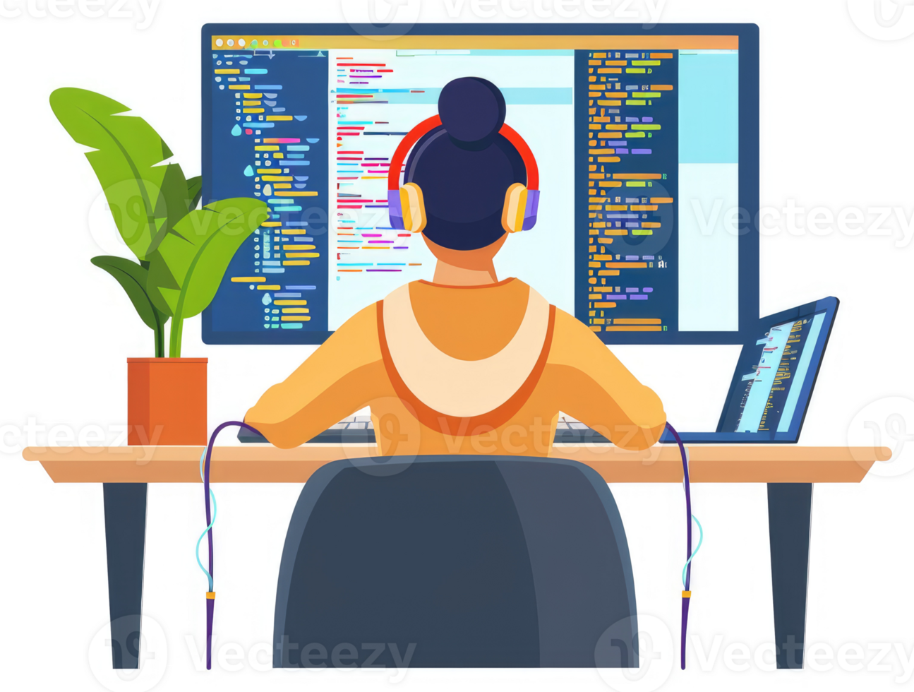 A Woman Programmer Working On Multiple Computer Screens Filled With Code 60762427 Png