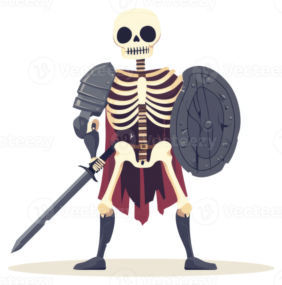 een skelet- krijger in middeleeuws schild, zwaaiende een zwaard en ...