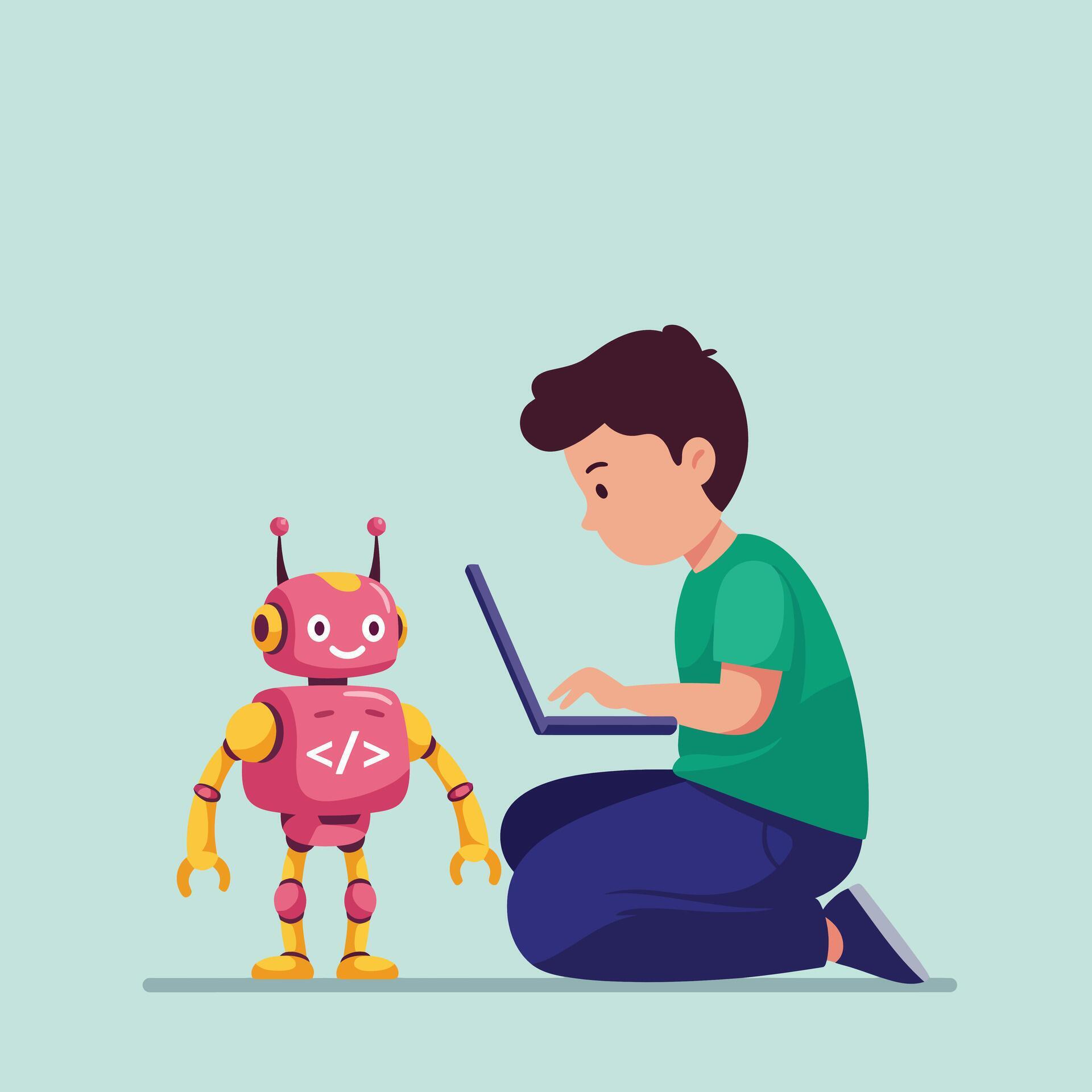 Young boy coding with pink robot learning programming technology and ...