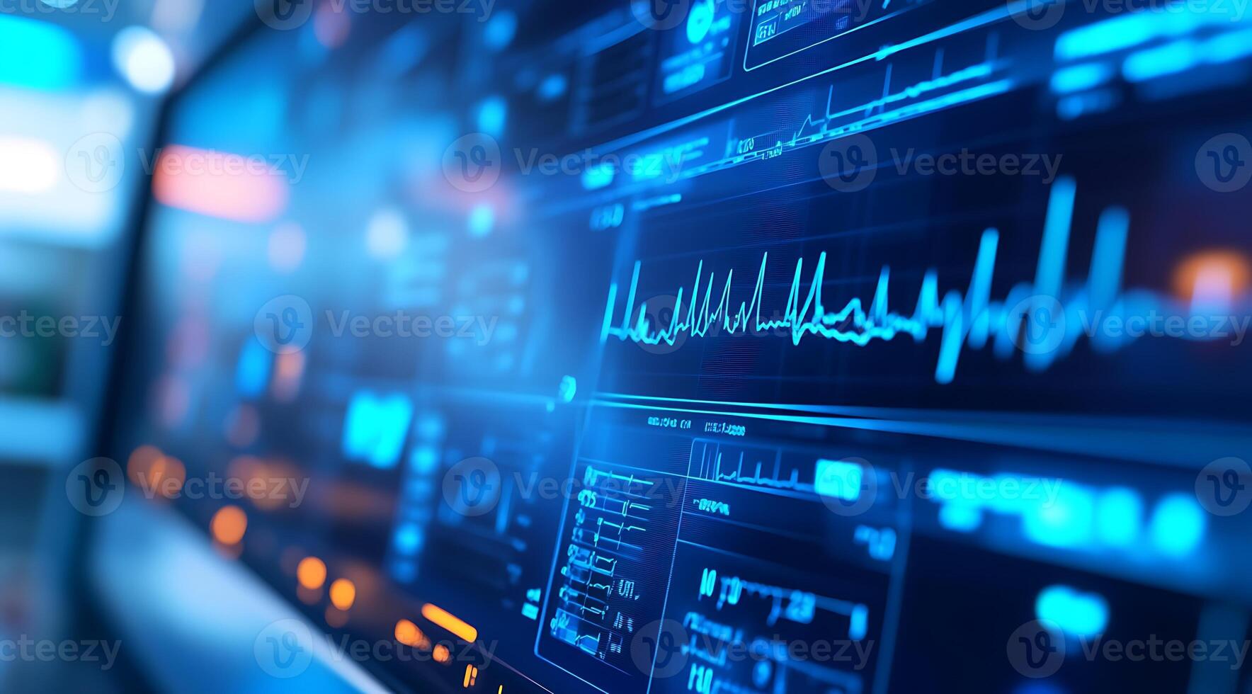 Illuminated display screen showing waveforms and data graphs in blue conveying technology and ...