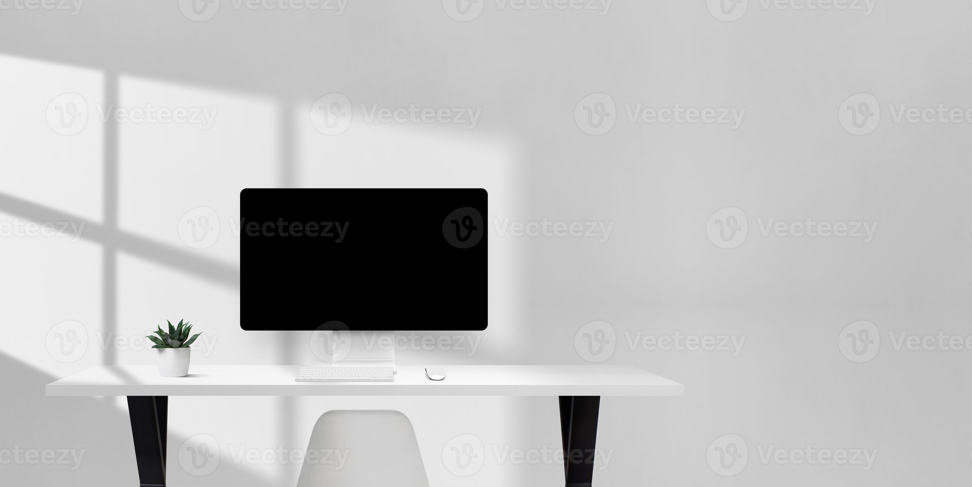 Bright Office Desk With Computer Monitor Keyboard Mouse And Plant Clean Workspace With Empty