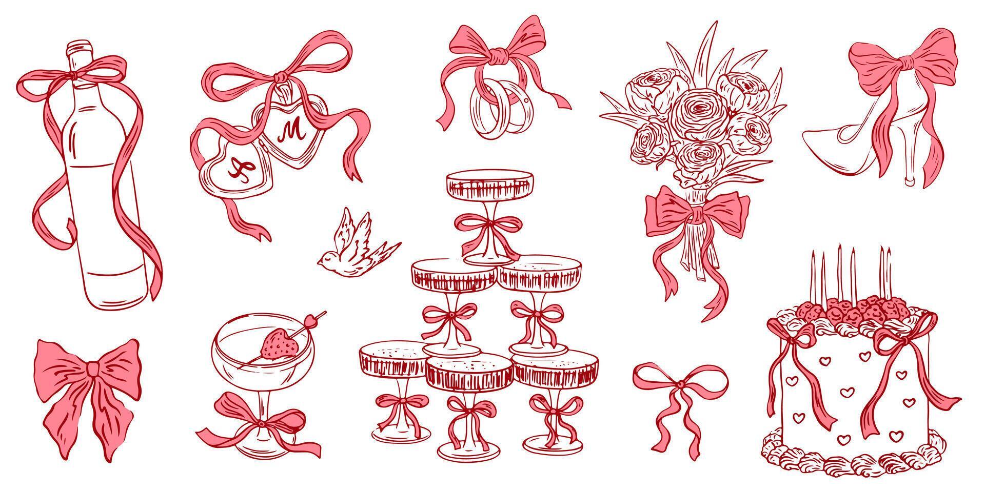 Hand drawn coquette aesthetics elements. Cute girly bows, cake, locket, champagne pyramid ...