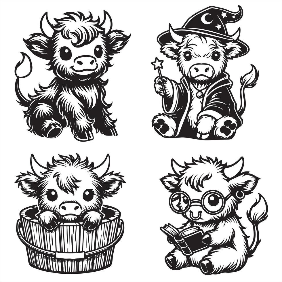 collection of baby highland cow illustration, cute baby highland cattle ...