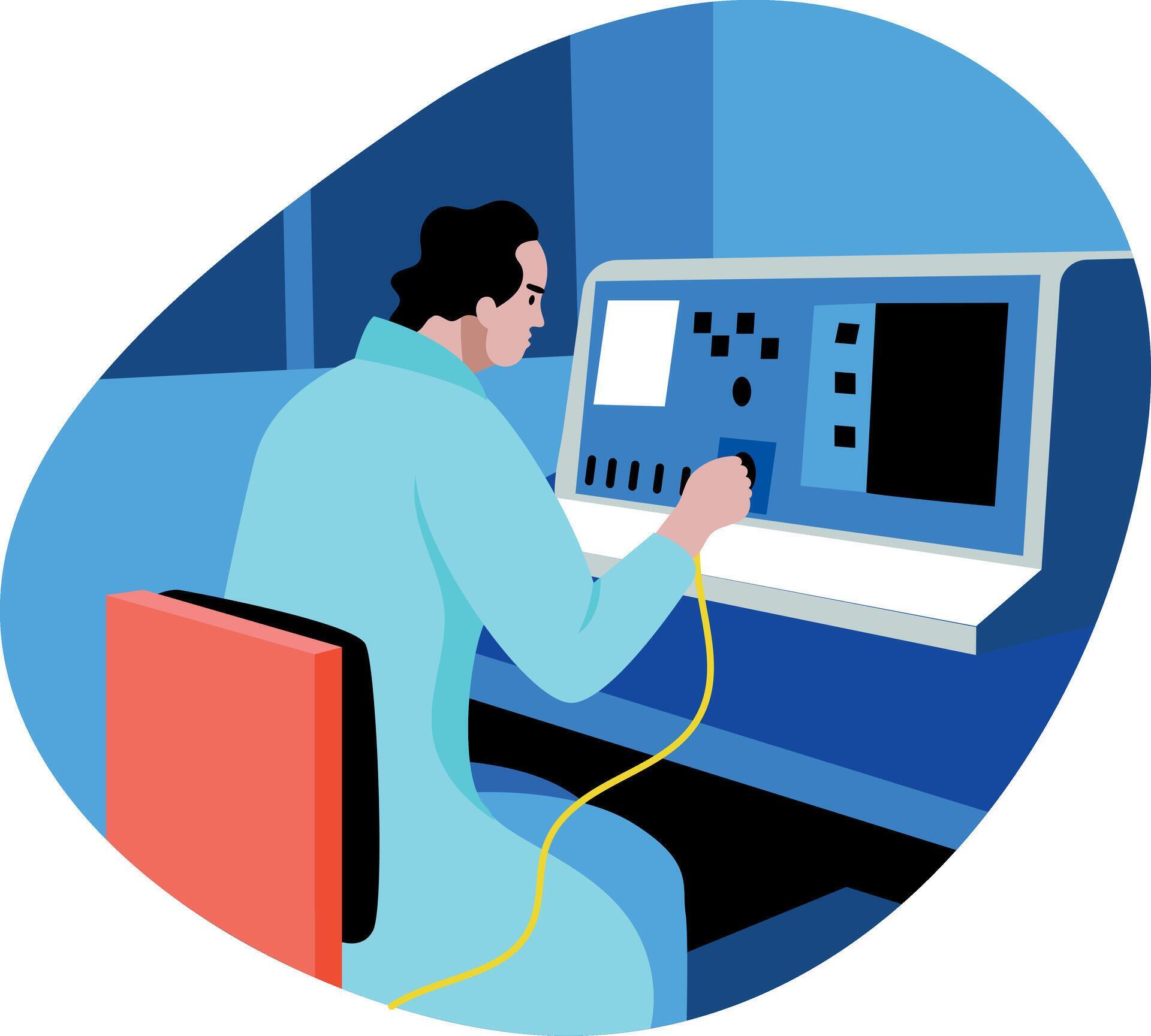 A flat style illustration showing a character operating a control ...