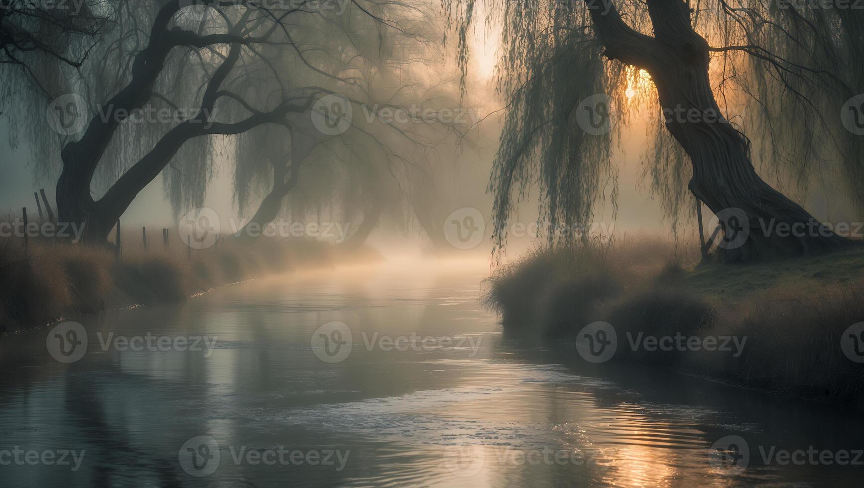 Willow Tree Near River in Morning Fog 61898067 Stock Photo at Vecteezy