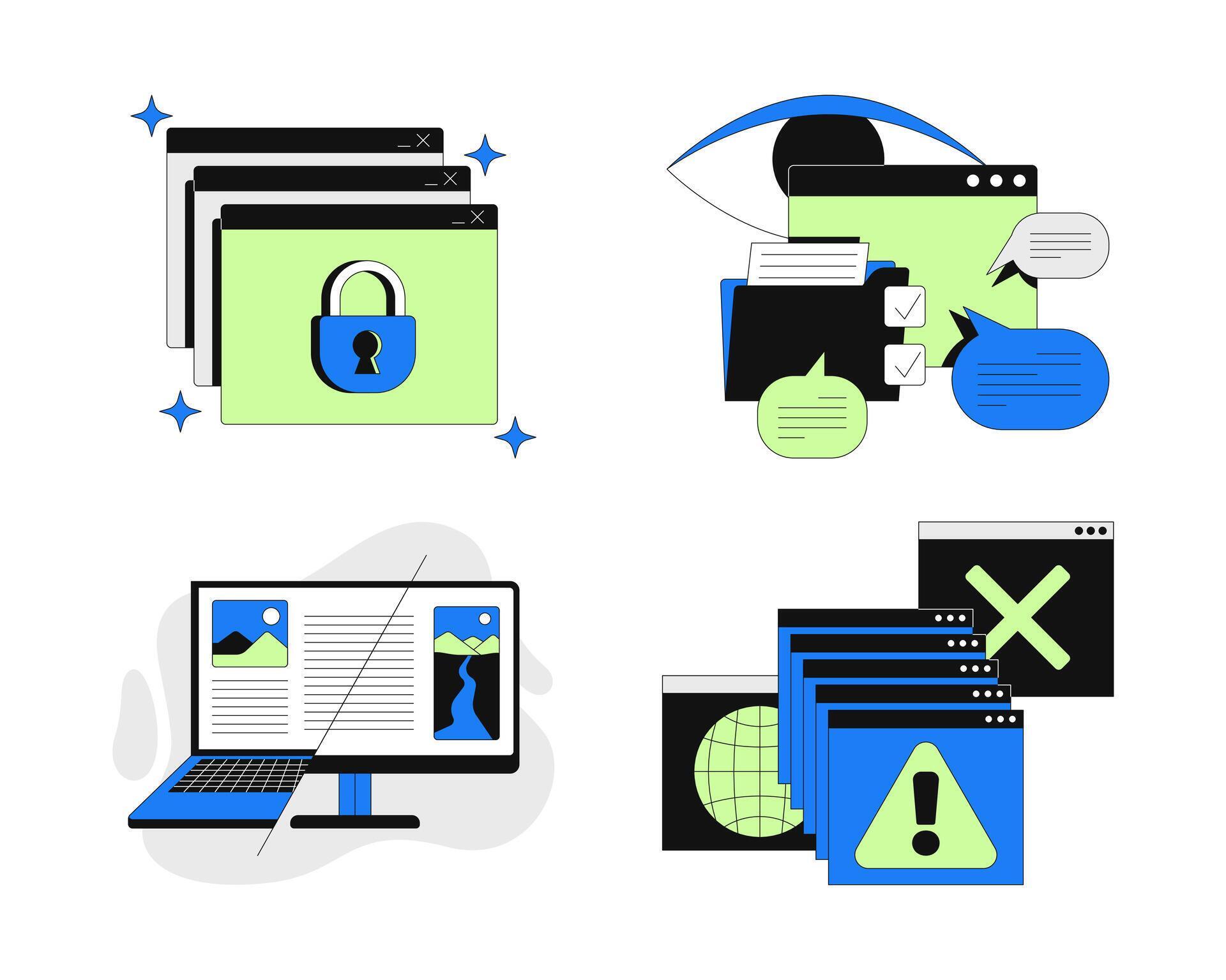Privacy, content management, system errors 2D onboarding ui illustrations set. Access denied ...