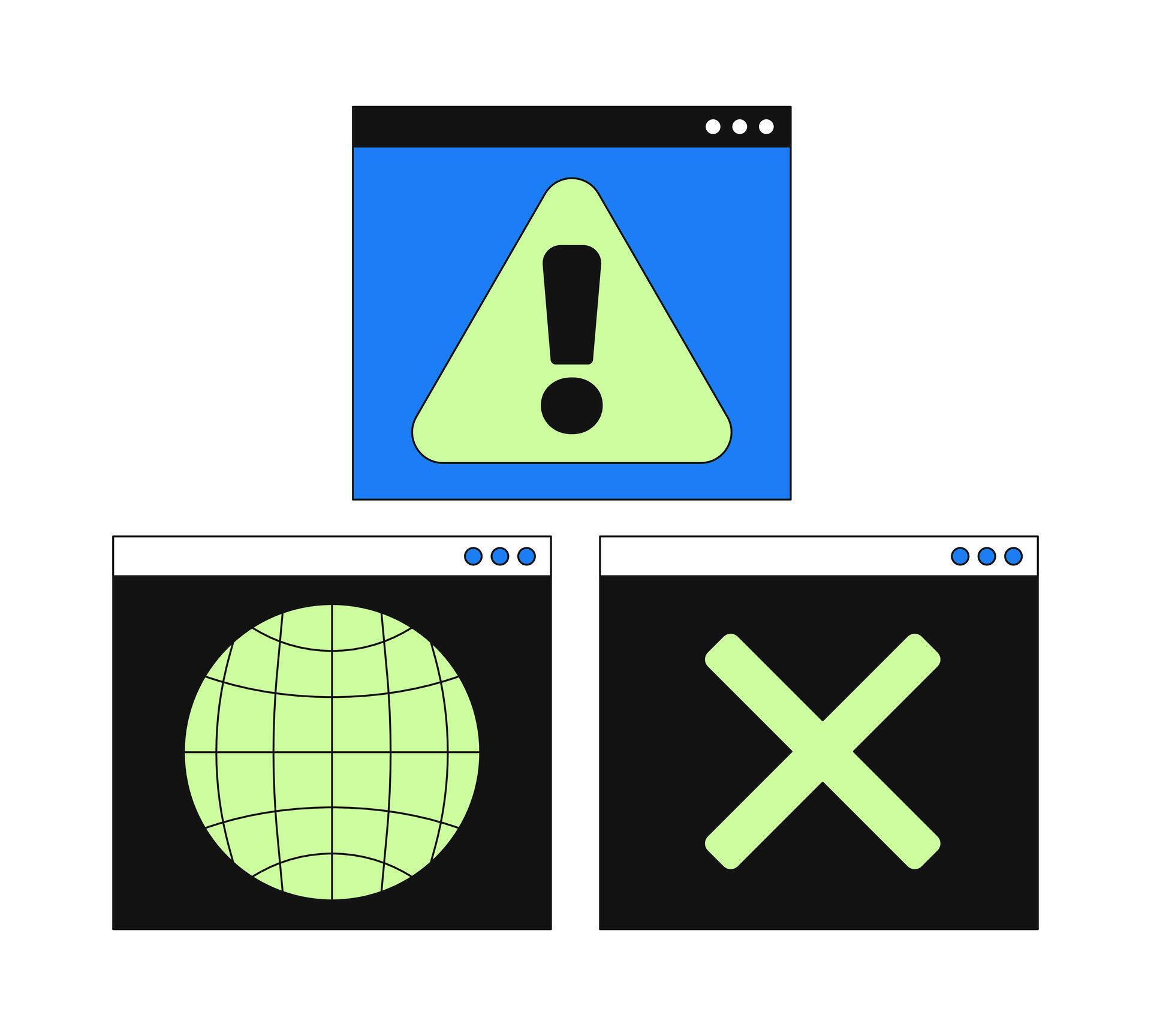 Web alert interface 2D cartoon objects set. Error message. Global network browser windows ...