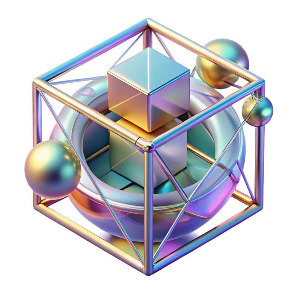 radiant nordic A complex, layered composition of geometric shapes and lines, with a holographic ...