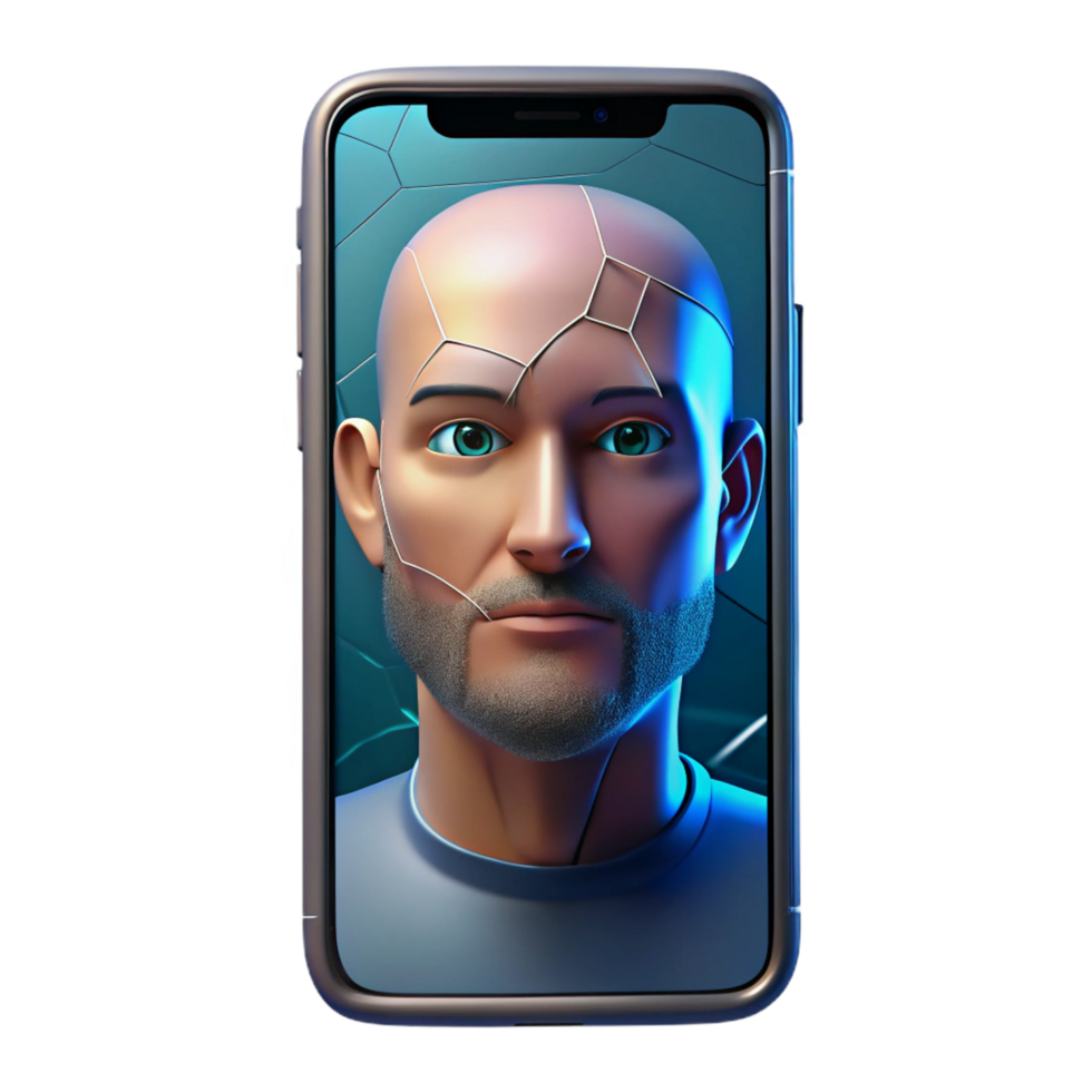 melancholic immaculate A cracked smartphone screen displaying a distorted image of a human face ...