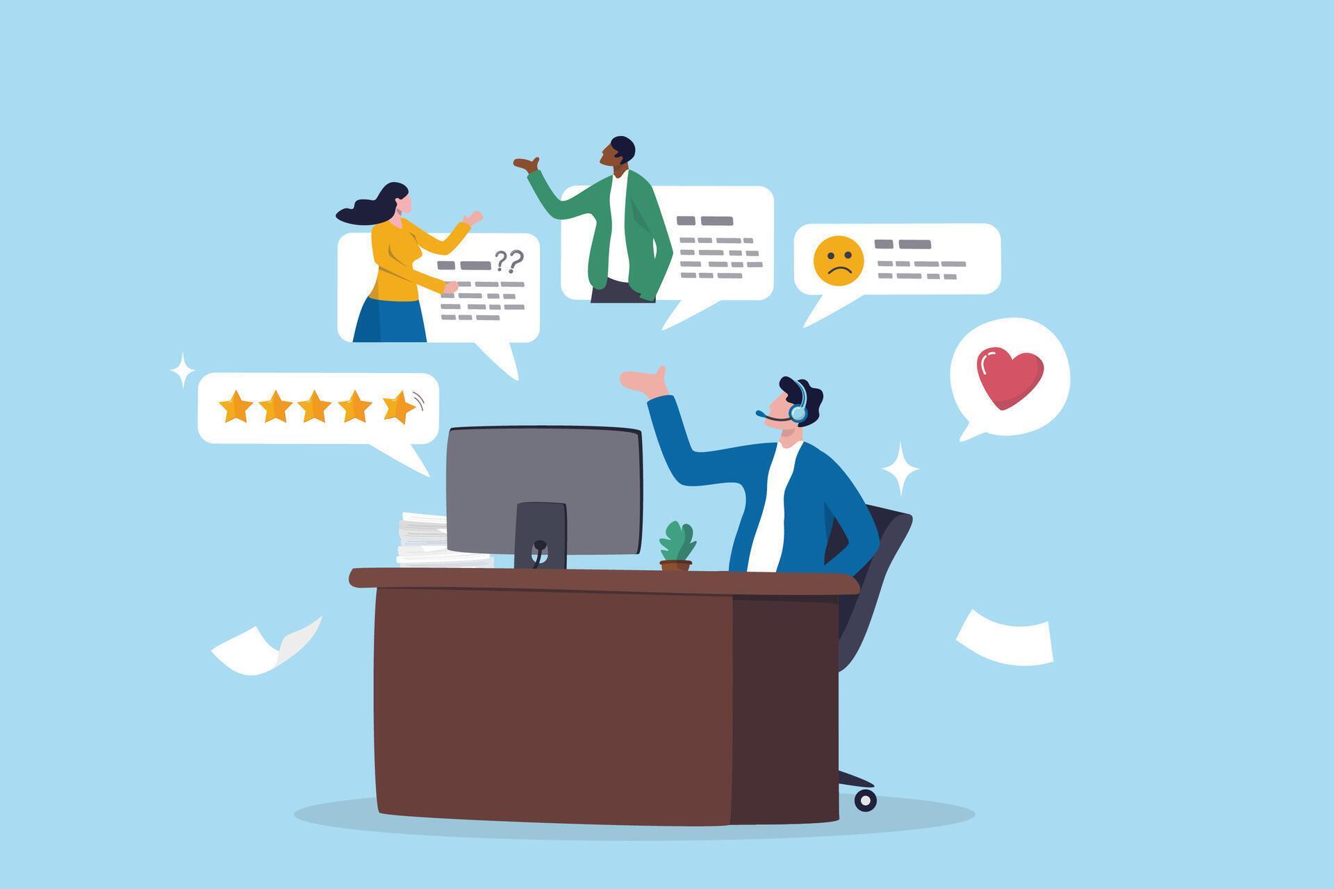 Customer service help solving problem, advice helpline or call center ...