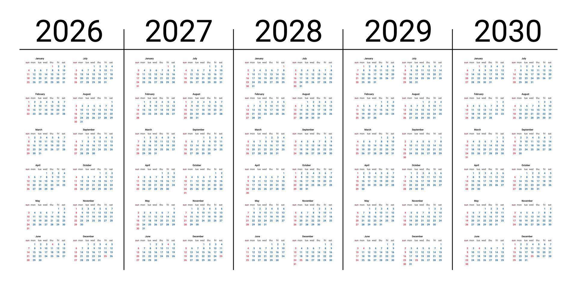 Five Year Calendar 2026 to 2030 with Simple Minimal Layout, Clean ...