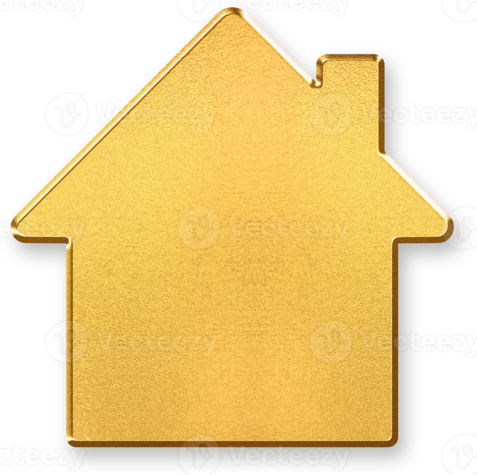 ouro casa ícone 3d lustroso dourado casa símbolo com metálico brilho e sombreado efeito para ...