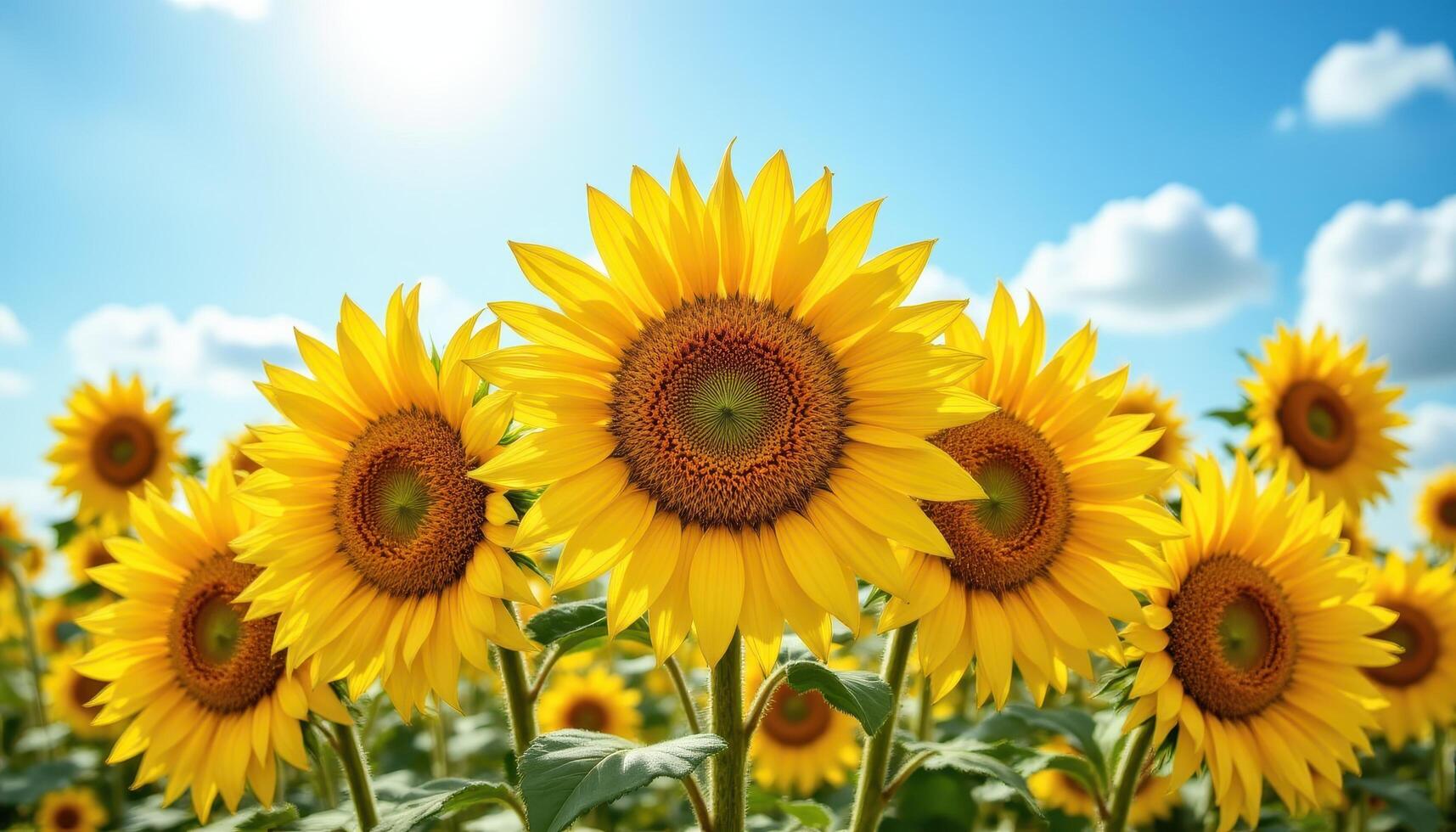 sunflowers bouquet in sunlight, vivid blue sky background, radiating ...