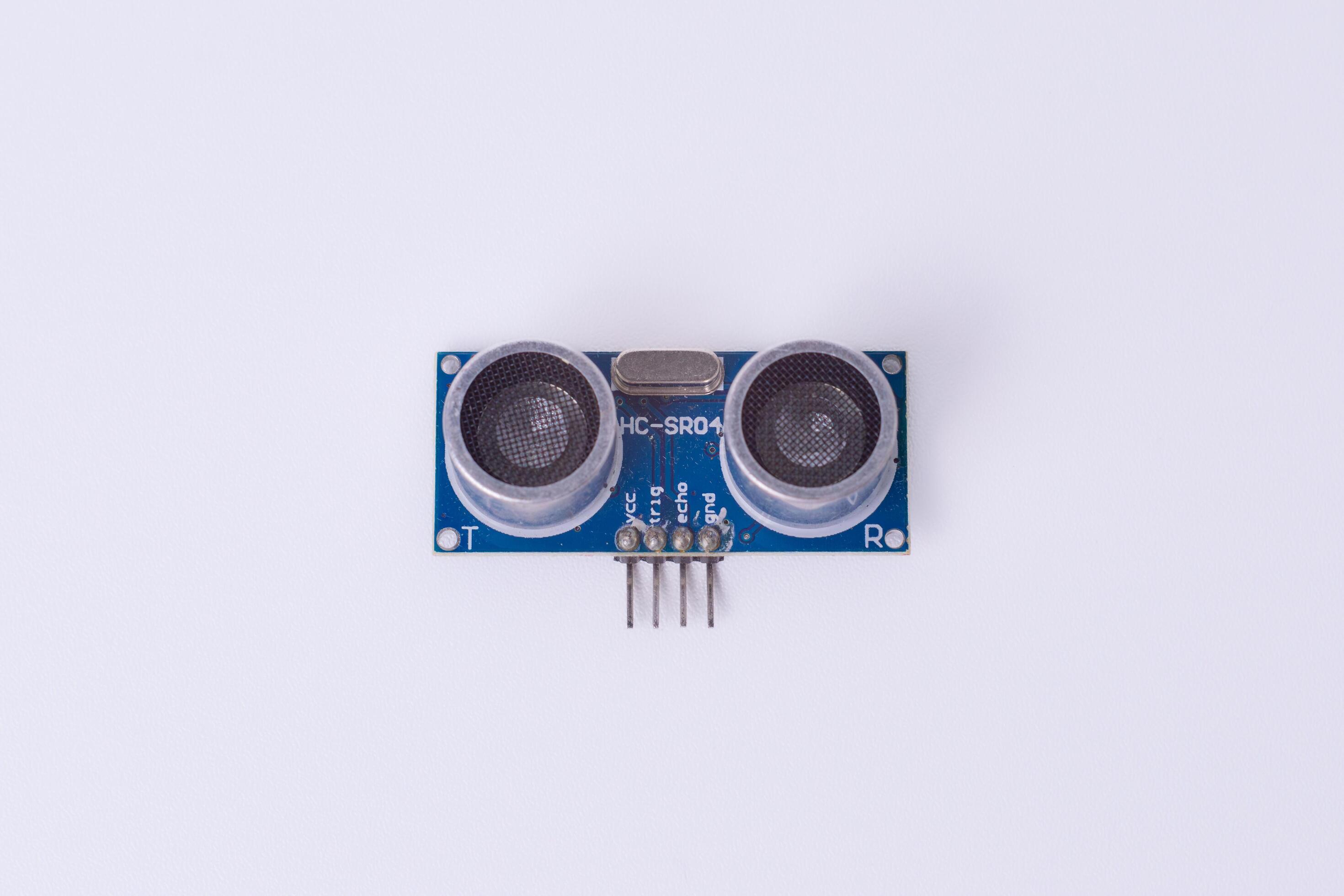 Malang, March 24, 2025. Front view of HC-SR04 ultrasonic sensor module on white background ...