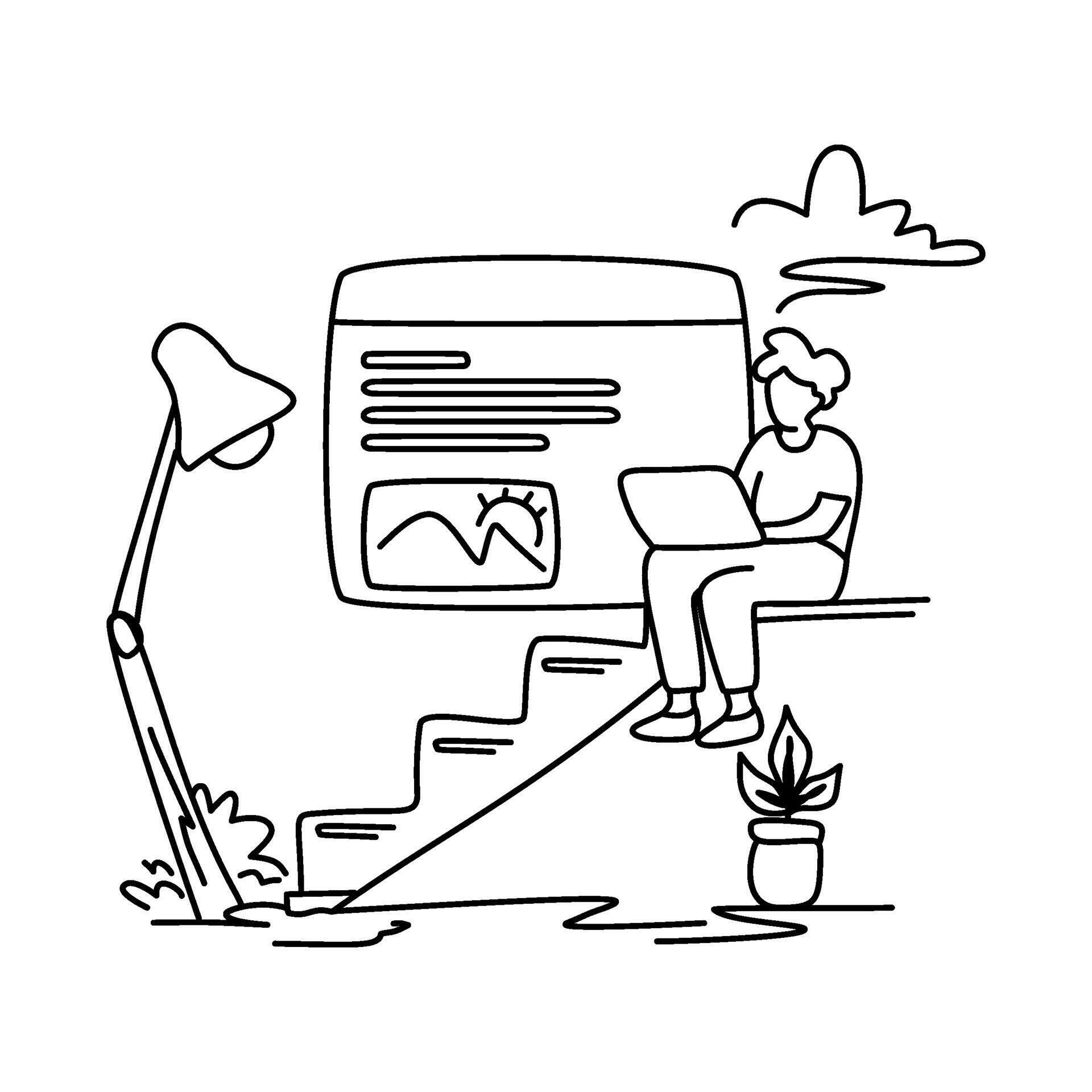 Web Development Workflow Concept. Man at desk with laptop, lightbulb ...